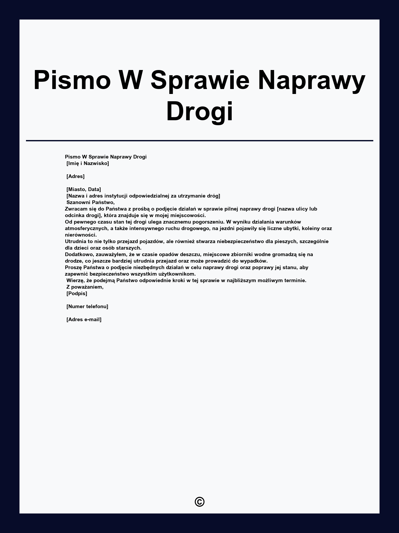 Pismo W Sprawie Naprawy Drogi